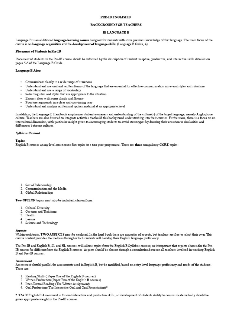Pre-IB English B Course Overview | PDF | Educational Assessment ...