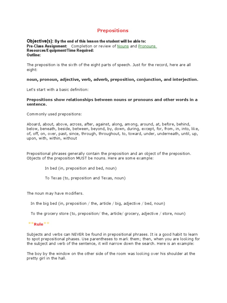 Prepositions II | PDF | Preposition And Postposition | Noun