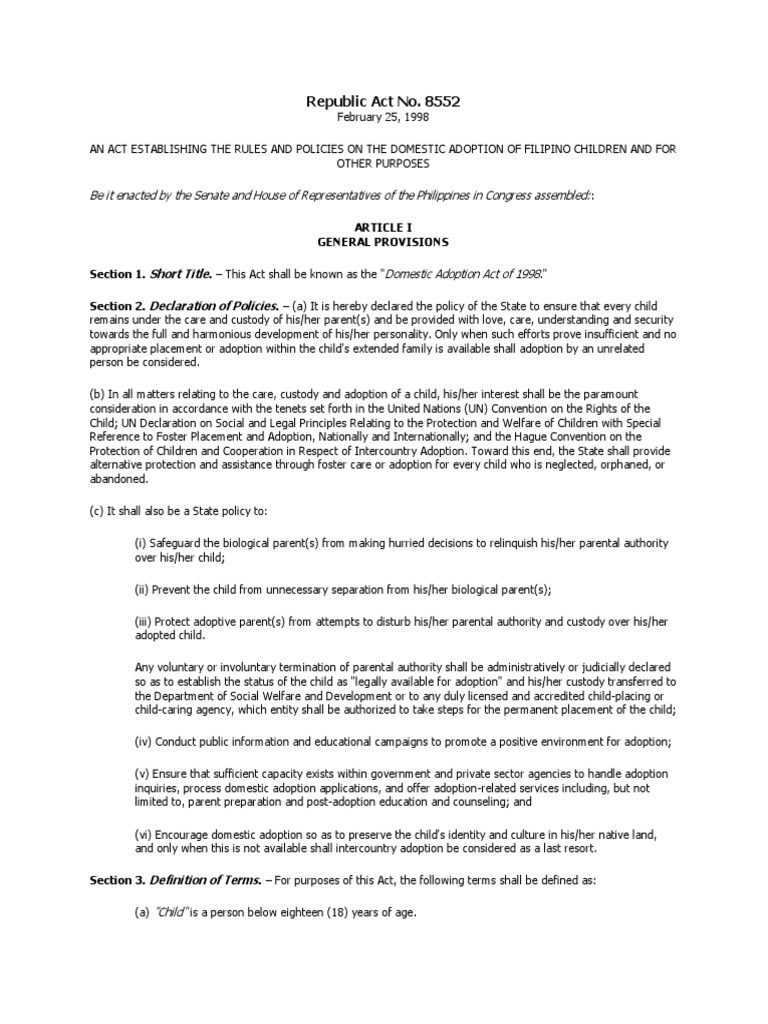 Republic Act 8552 Domestic Adoption | PDF | Adoption | Child Custody