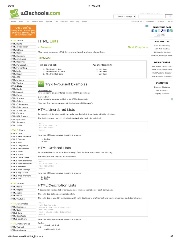 HTML Lists | PDF | Html | Html Element HTML Lists | PDF | Html | Html Element