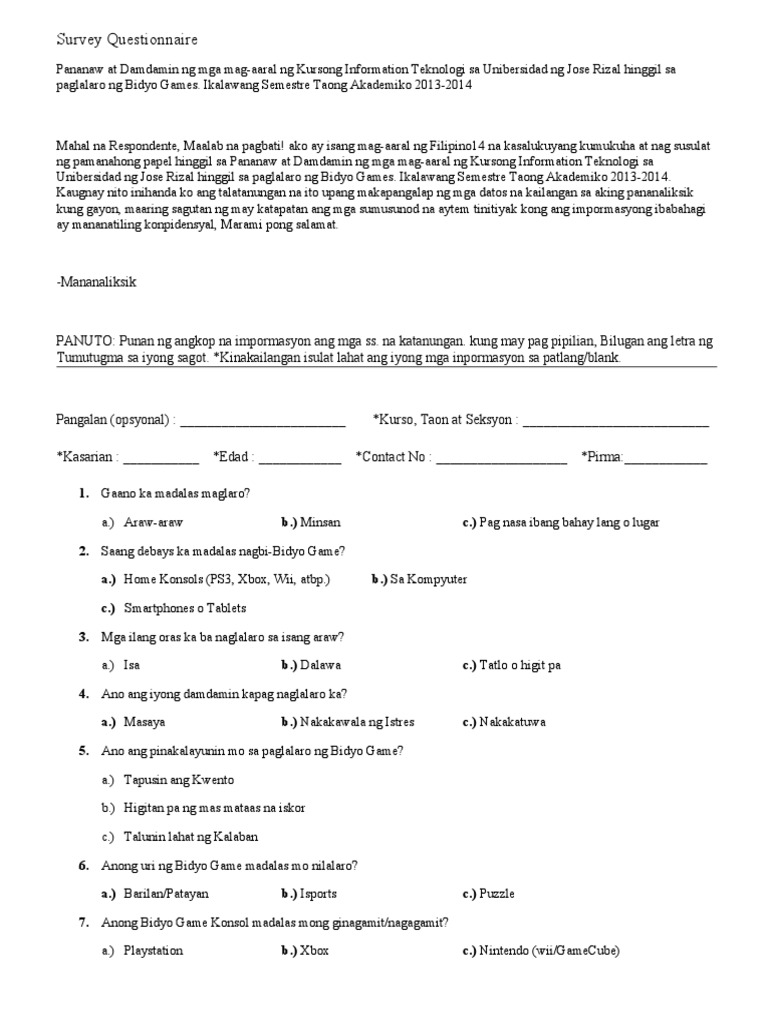 Halimbawa NG Isang Survey Questionnaire Sa Pamanahong Papel | PDF