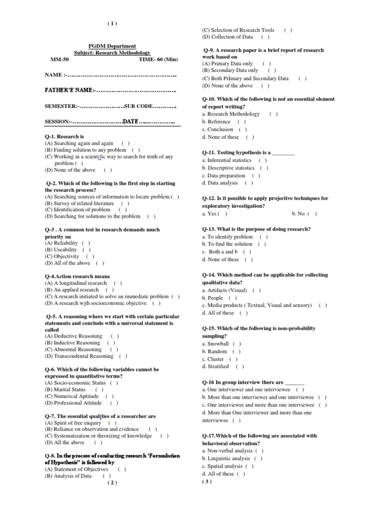 Research Methodology Quiz | Research Design | Data Analysis