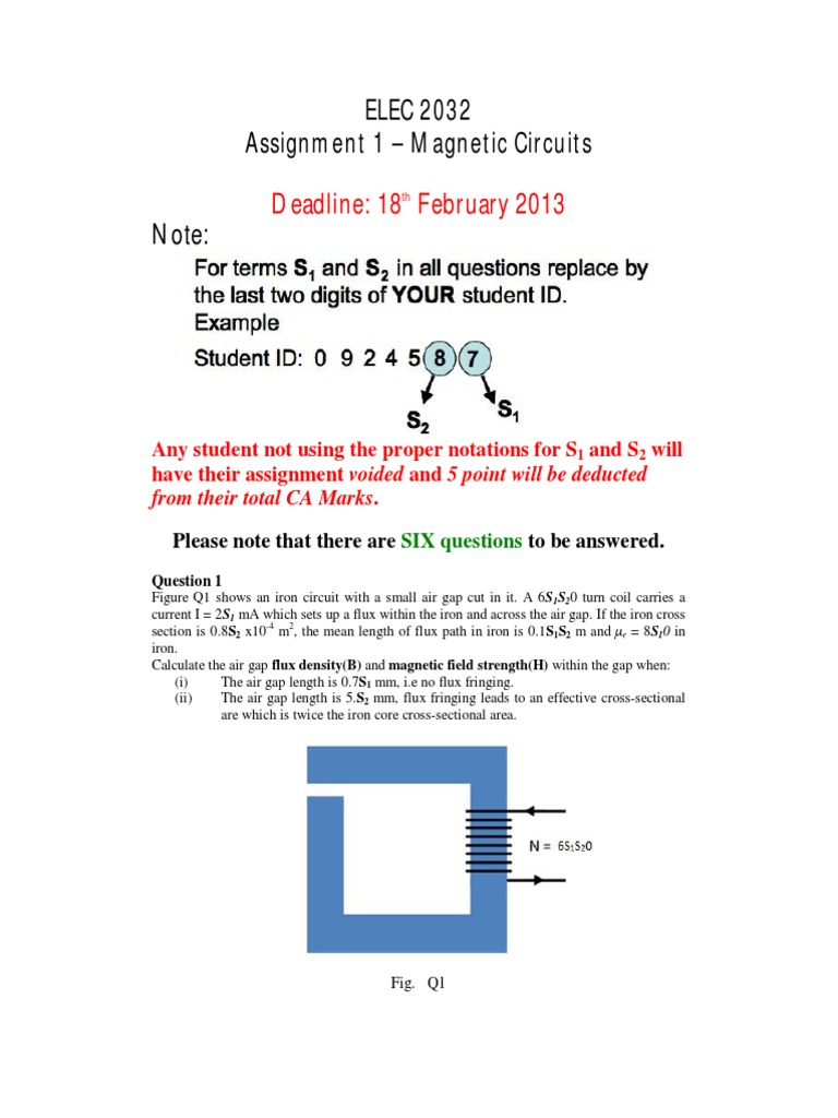 Magnetic Circuits Assignment - Calculating Flux, Field Strength ...