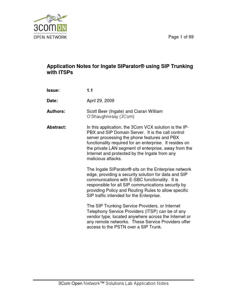 3com Ingate Open Network Integration Notes - Application Notes For ...