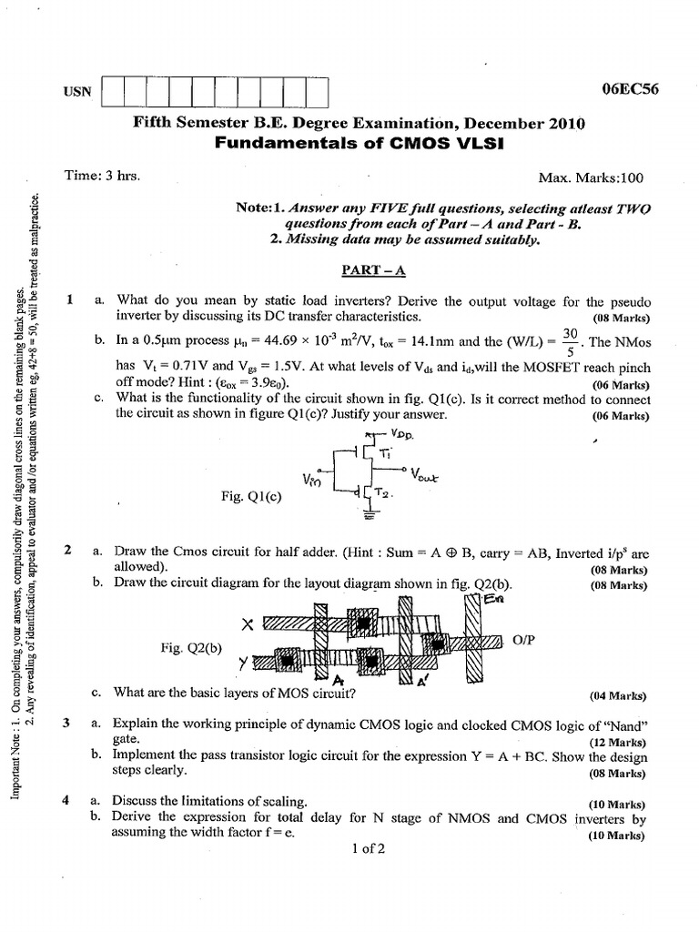 Vtu Question Paper 06ec56 Fundamental of Cmos Vlsi December 10 | PDF ...