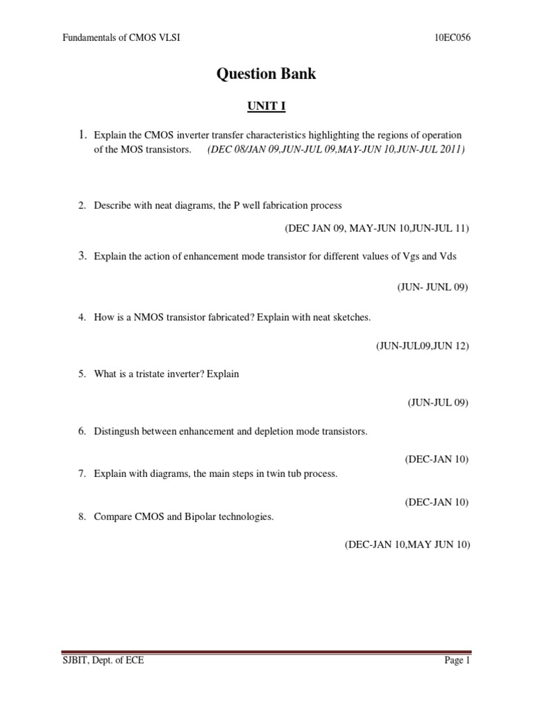 Ece-V-fundamentals of Cmos Vlsi (10ec56) - Question Paper | PDF | Cmos ...