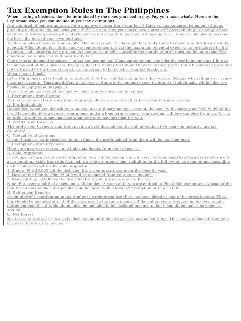 Tax Exemption Rules in The Philippines | PDF | Sole Proprietorship ...