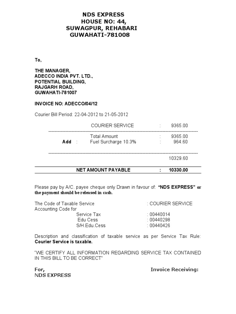 NDS Express Courier Invoice Details | PDF