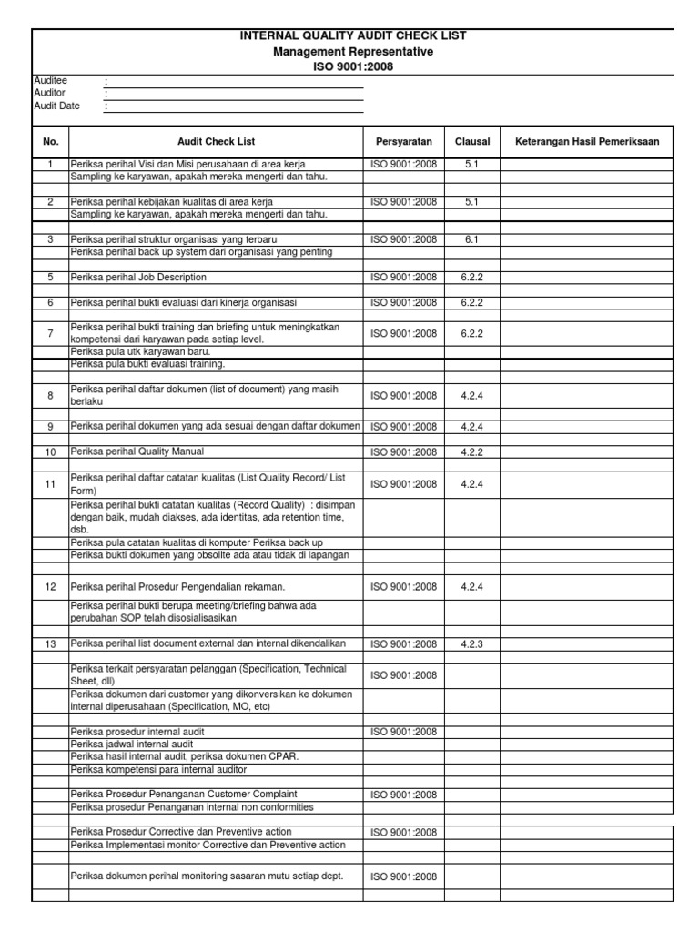 Contoh Audit Internal Check List (ISO 9001-2008) | PDF