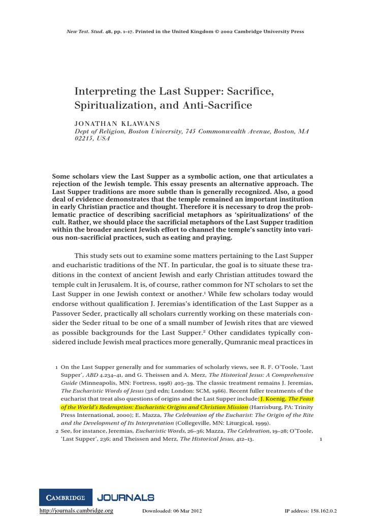 Interpreting The Last Supper Sacrifice, Spiritualization, and Anti ...