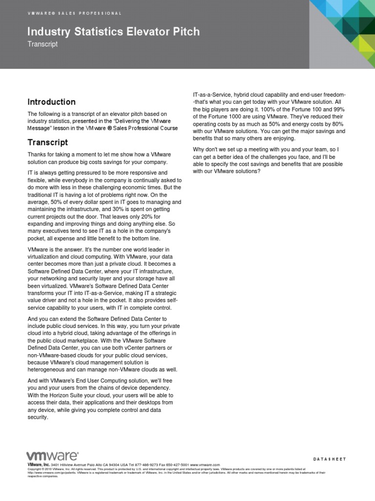 Industry Statistics Elevator Pitch Transcript | PDF | V Mware | Cloud Computing