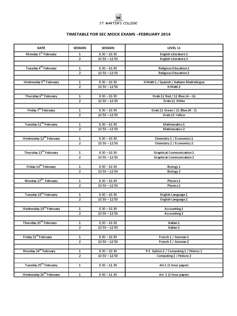Level 11 Mock Exam Schedule | PDF