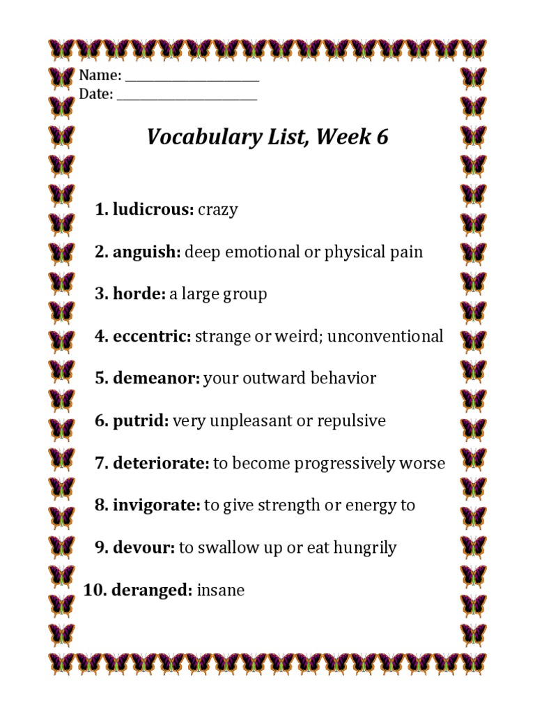 Week 6 Vocabulary List | PDF