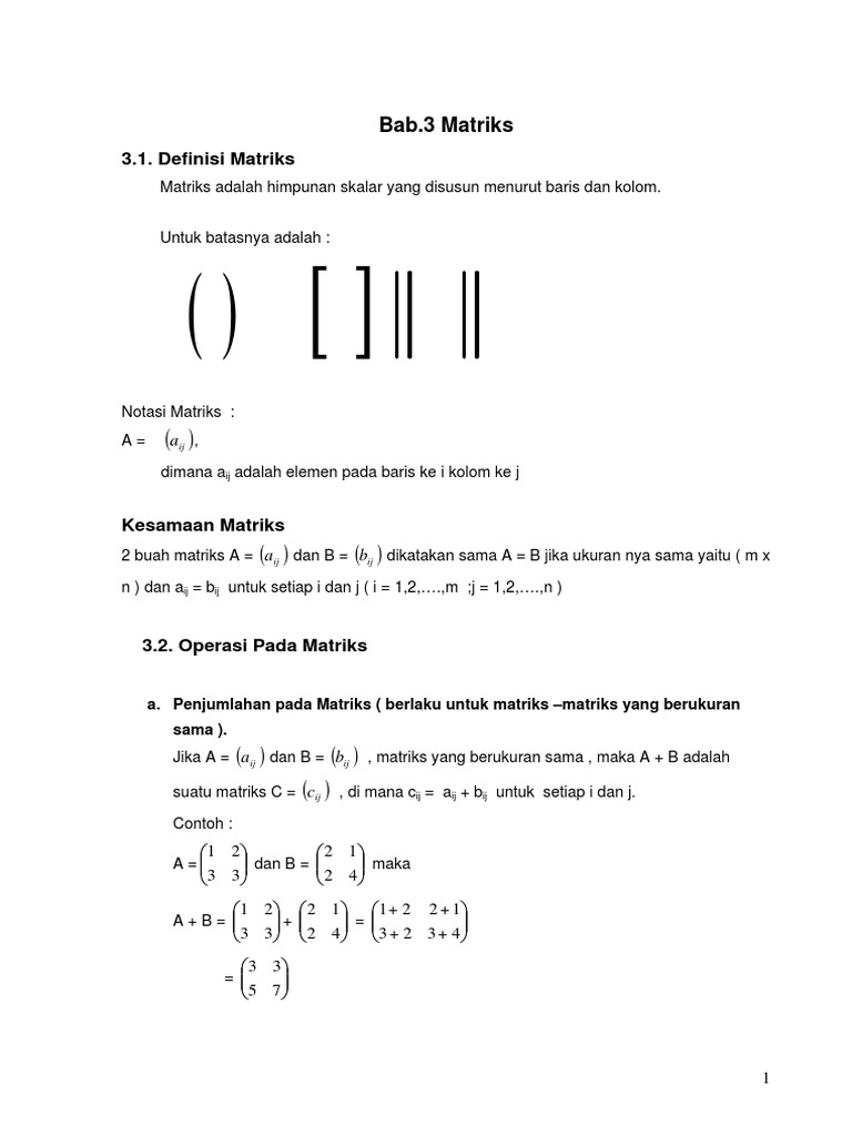Definisi dan Operasi Matriks | PDF