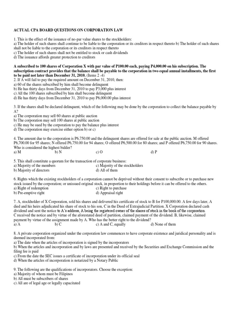 Actual Cpa Board Questions On Corporation Law | PDF | Corporations | Stocks