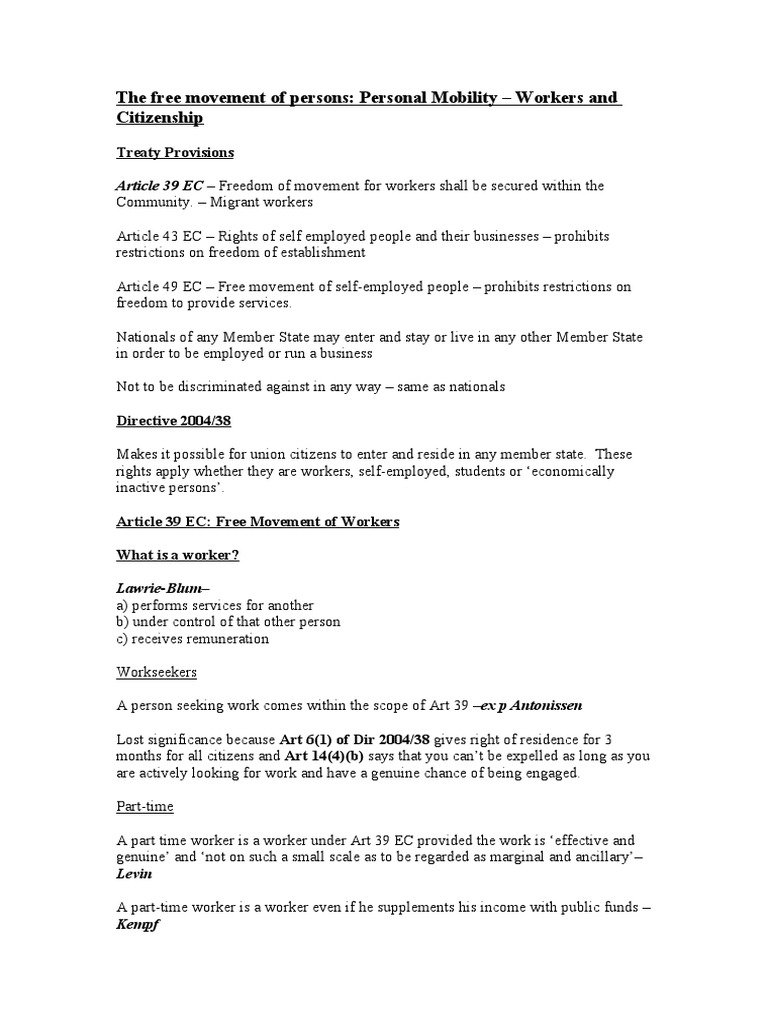 The Free Movement of Persons - EU Law | PDF | Freedom Of Movement ...