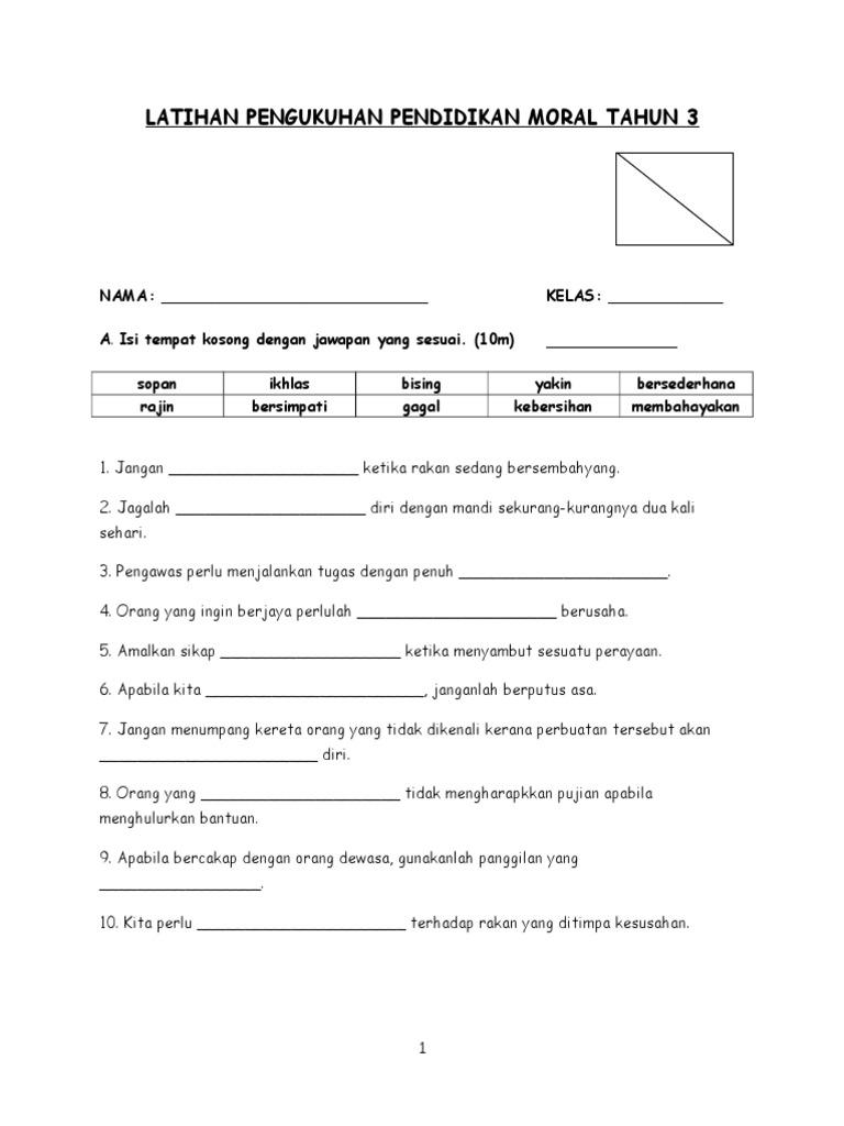 Latihan Pendidikan Moral Tahun 3 | PDF