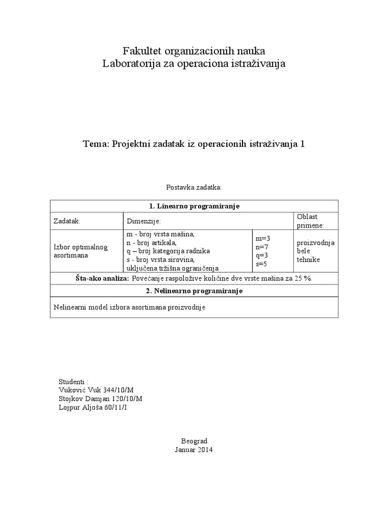 Projektni Operaciona Istraživanja 1 | PDF