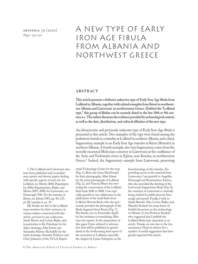 A New Type of Early Iron Age Fibula From Albania and Northwest Greece ...