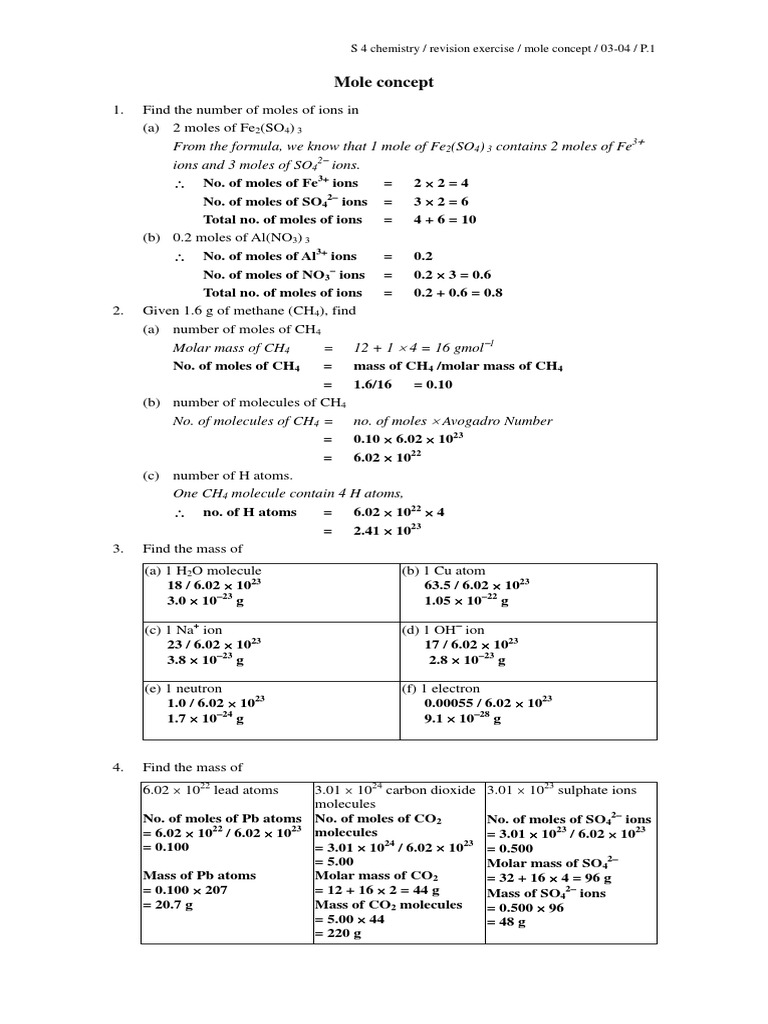 Exercises of Mole Concept (Basic) - Sol | PDF | Mole (Unit) | Molar ...
