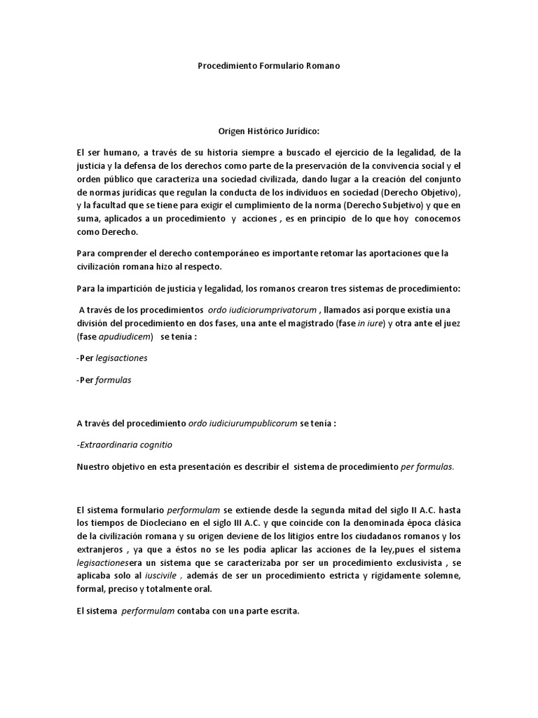 Procedimiento Formulario en Derecho Romano | PDF | Causa de la acción ...
