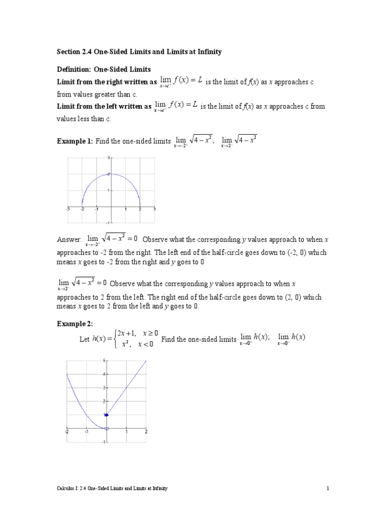 Section 2.4 One-Sided Limits and Limits at Infinity Definition: One-Sided Limits Limit From The ...