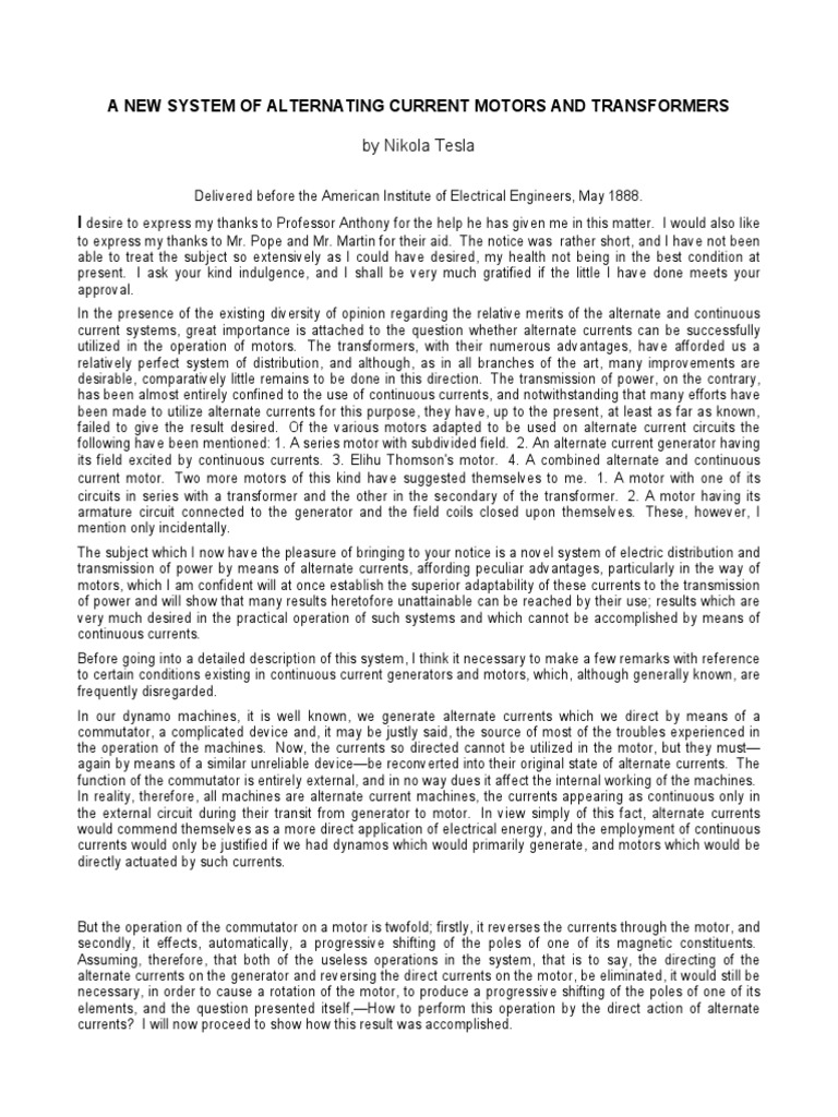 Tesla's AC Motors and Transformers System | PDF | Electric Generator | Sine