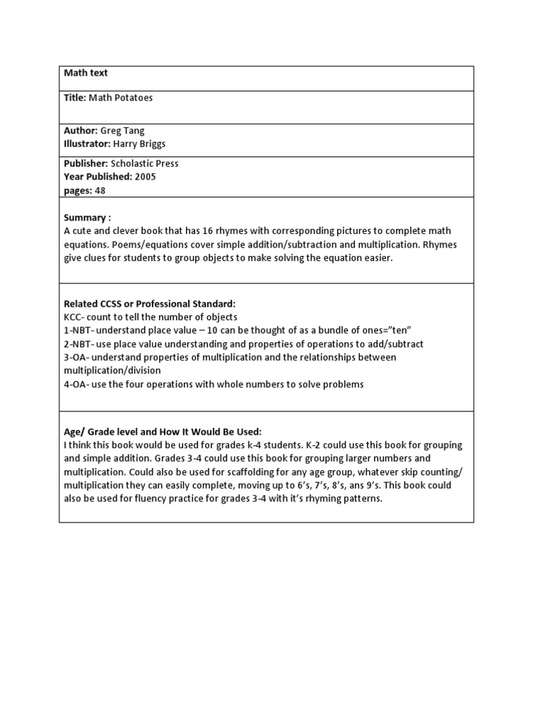 Math Text Title: Math Potatoes | PDF | Language Arts & Discipline ...