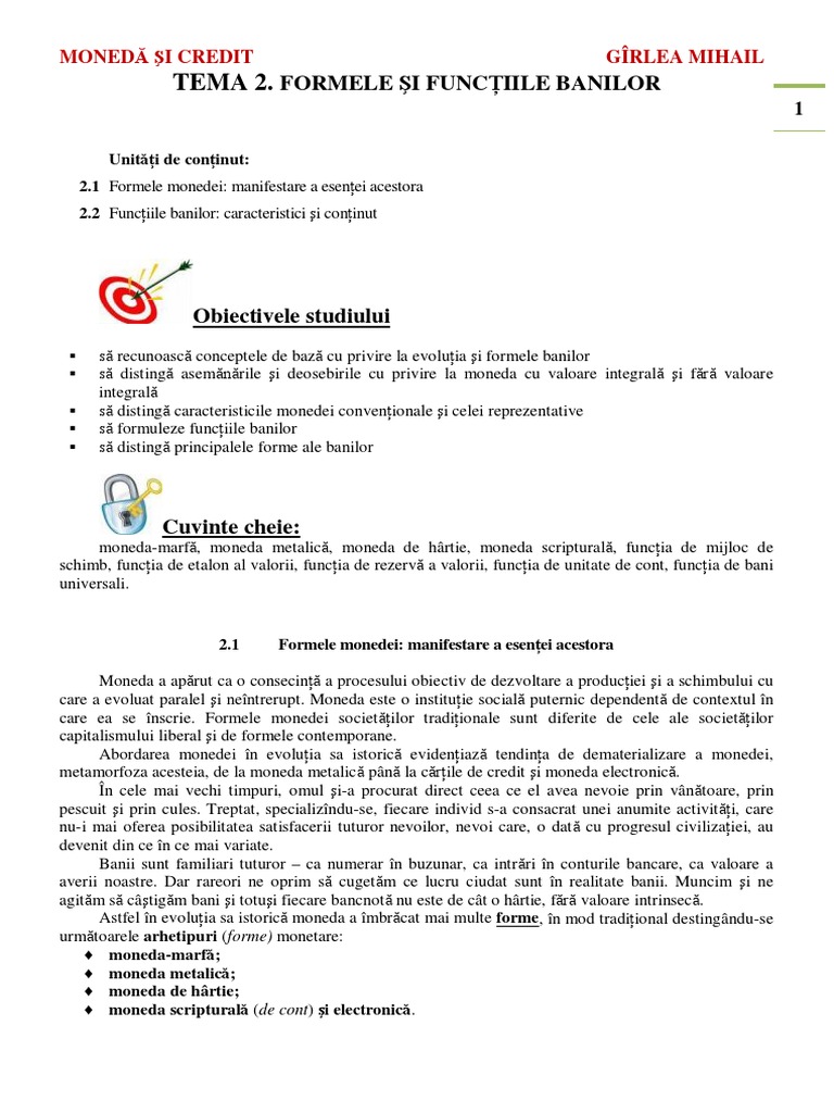 Tema 2. Formele Şi Funcţiile Banilor | PDF