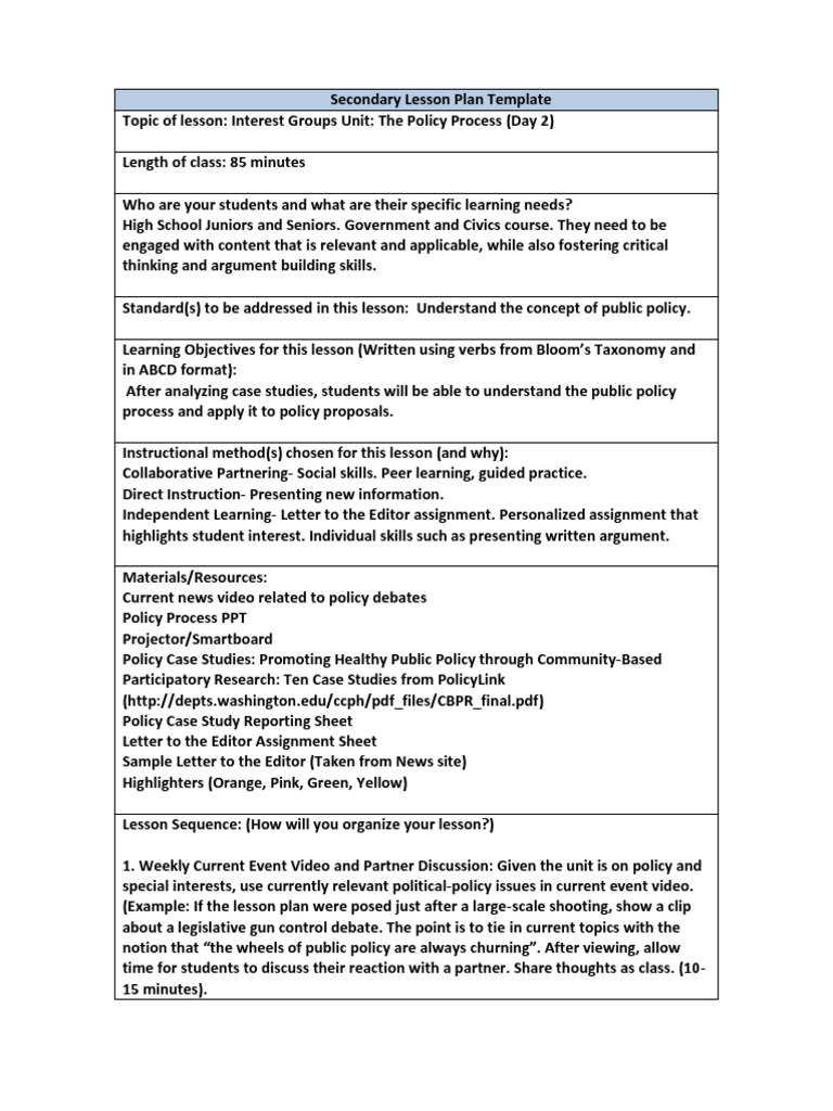 Secondary Lesson Plan: Interest Groups | PDF | Lesson Plan | Scientific ...