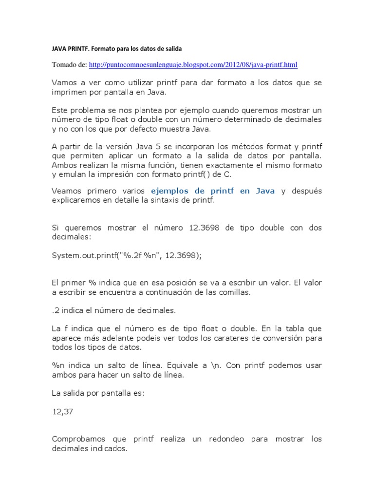 Printf Uso en Java | PDF | Java (lenguaje de programación) | Cadena (informática)