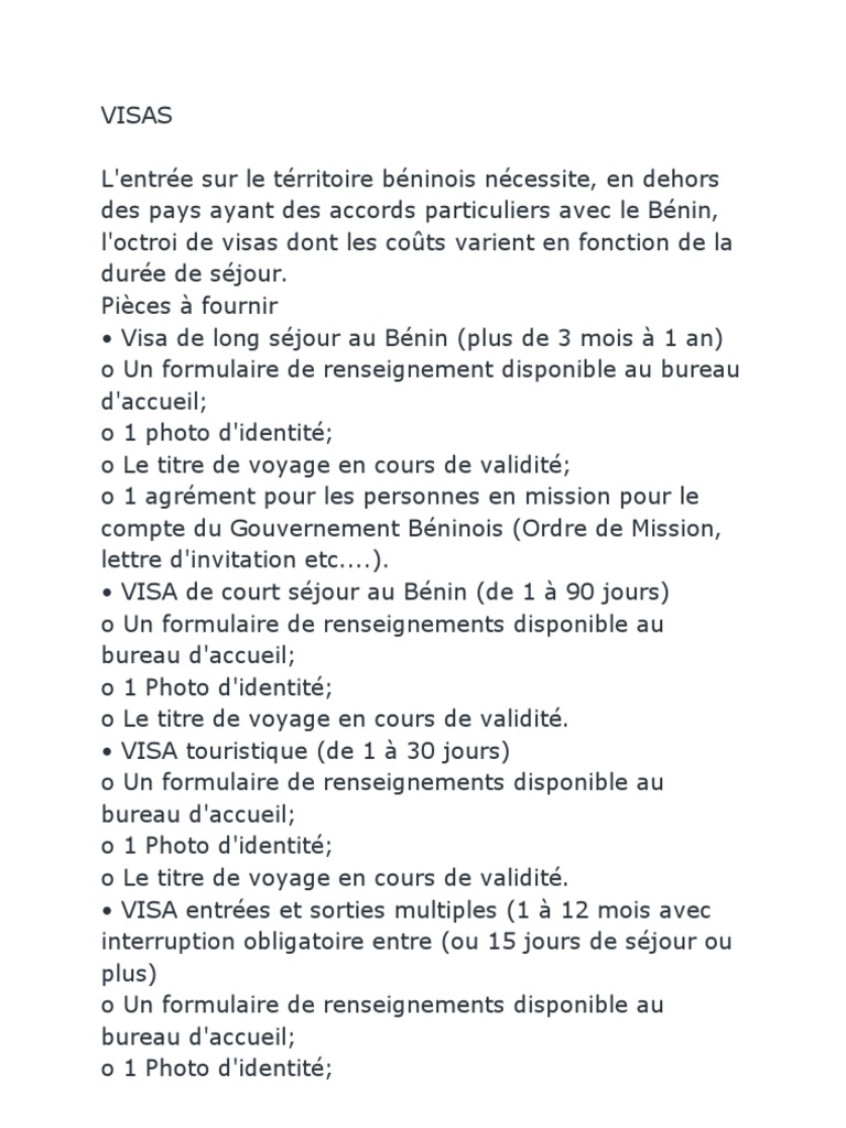 quelques formalités administratives au Bénin | Visa (Document ...