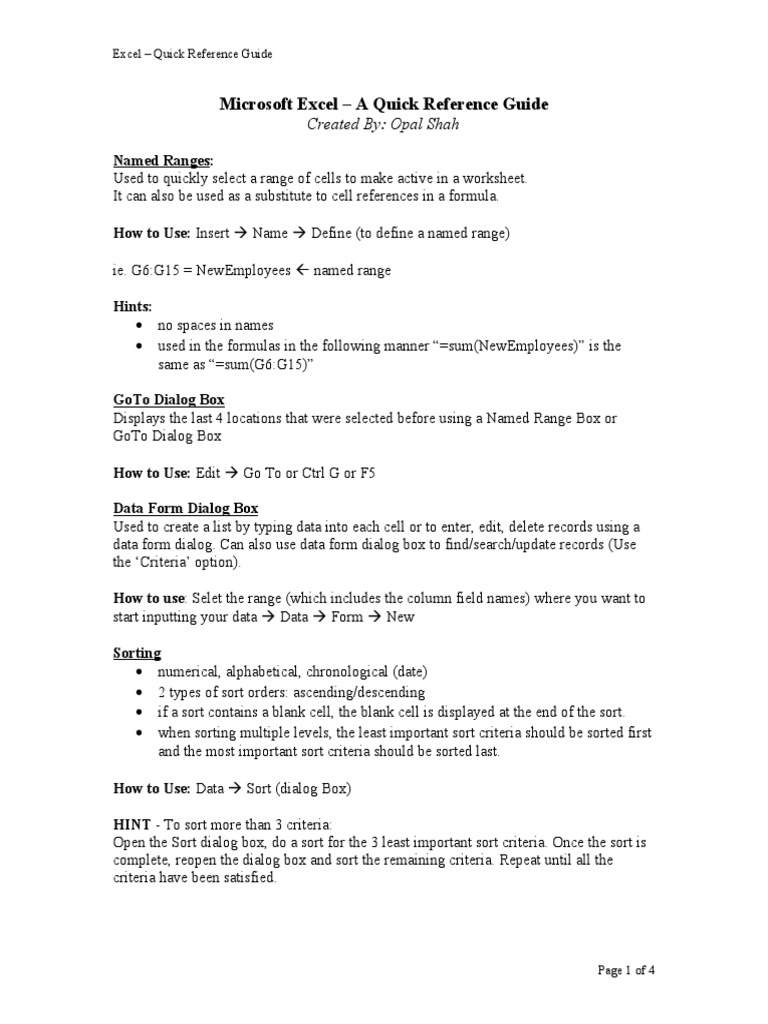 Microsoft Excel - A Quick Reference Guide: Created By: Opal Shah ...