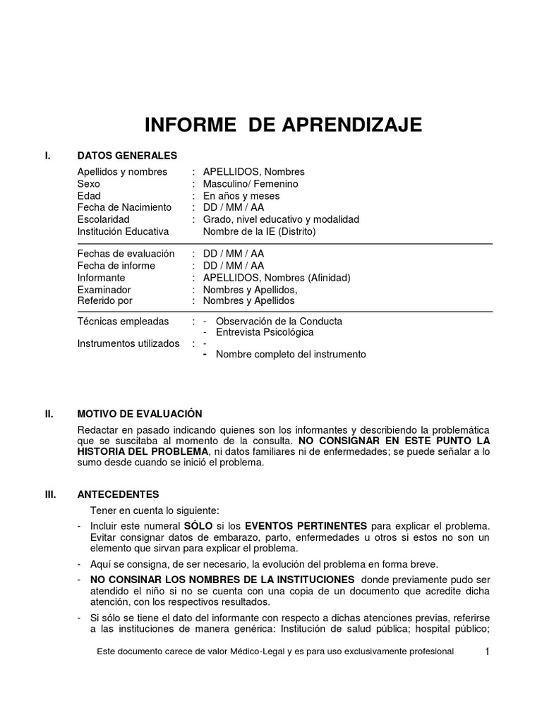 4 Modelo Informe de Aprendizaje | Psicología | Aprendizaje
