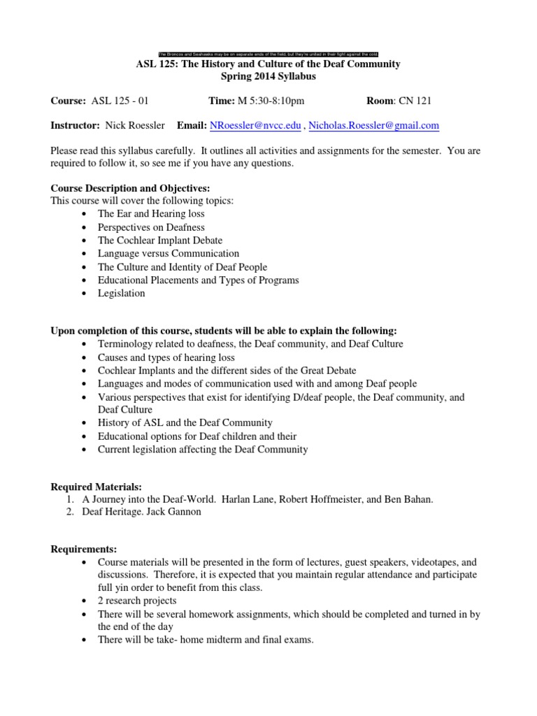 ASL 125: Deaf Culture and History Syllabus | PDF | Hearing Loss | Homework