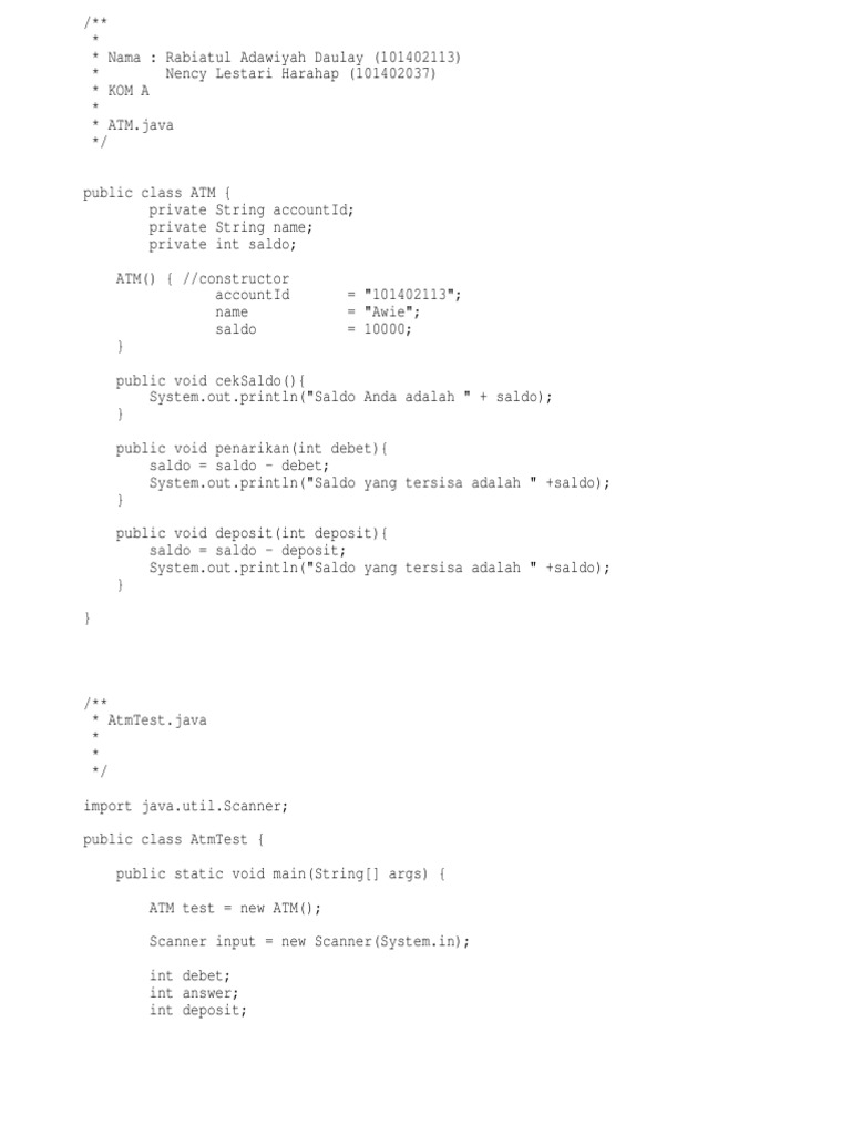Program ATM Dalam Bahasa Java | PDF