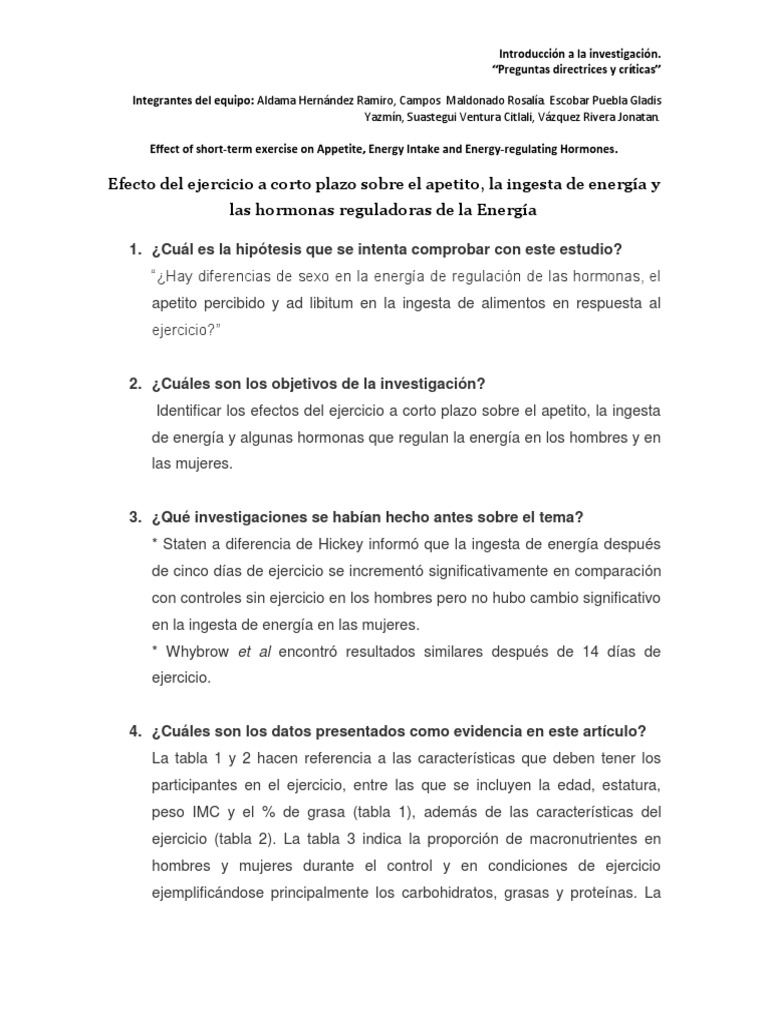 Preguntas Directrices y Críticas | PDF | Leptina | Ejercicio físico