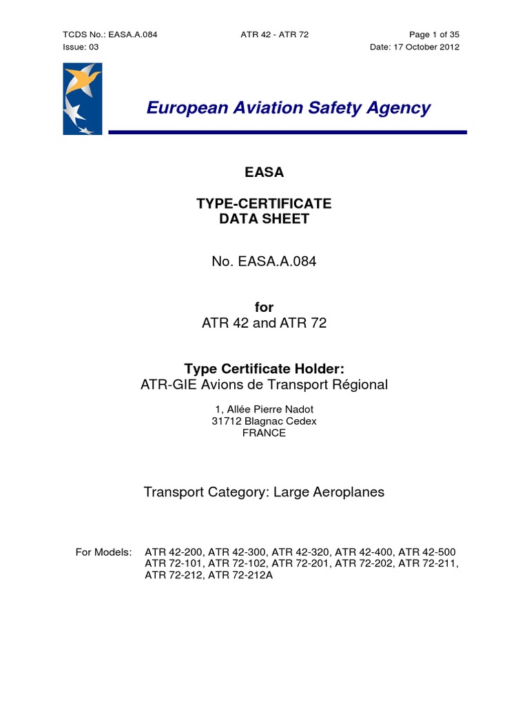 EASA Type Certificate Data Sheet ATR 42/72 | PDF | Airplane | Aerospace