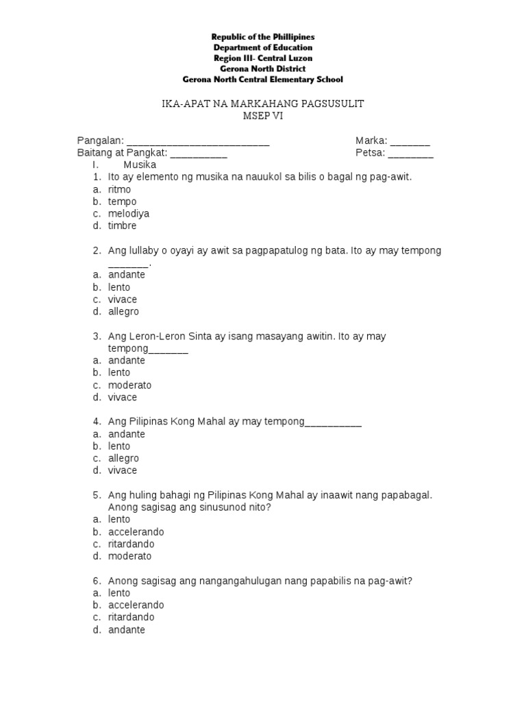 Ika-Apat Na Markahang Pagsusulit Sa Musika at Sining | PDF