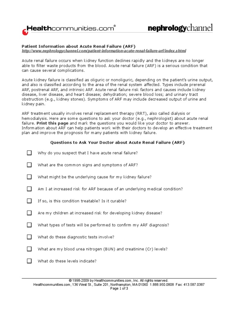 Patient Information Acute Renal Failure Arf | PDF | Kidney | Clinical ...