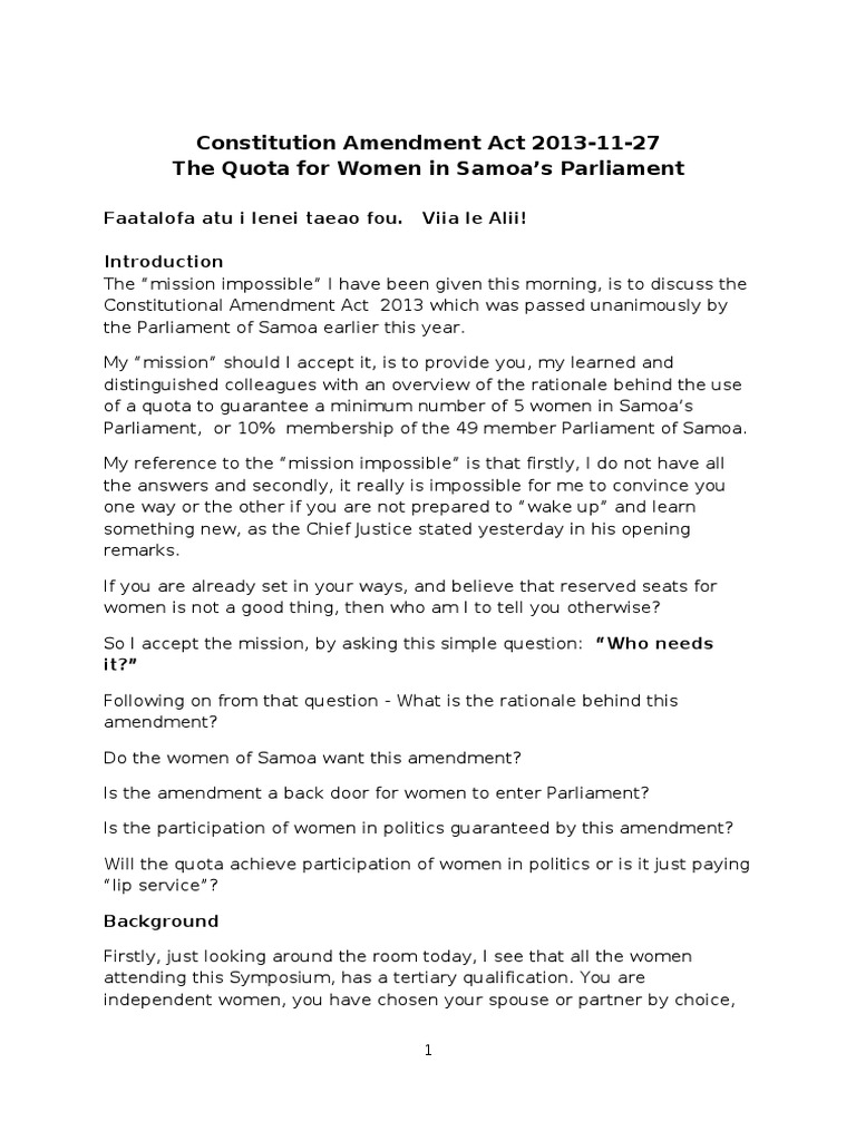 Samoa's Women Parliament Quota Explained | PDF | Government | Social ...