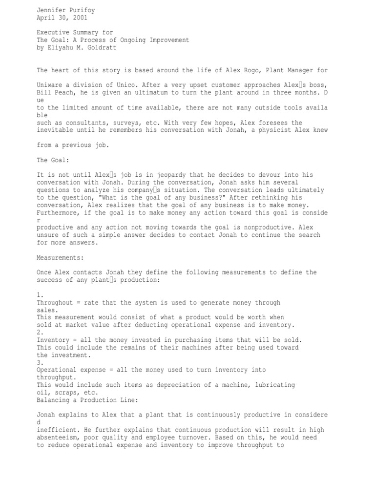 Eli Goldratt - The Goal - Summary | PDF | Inventory | Business