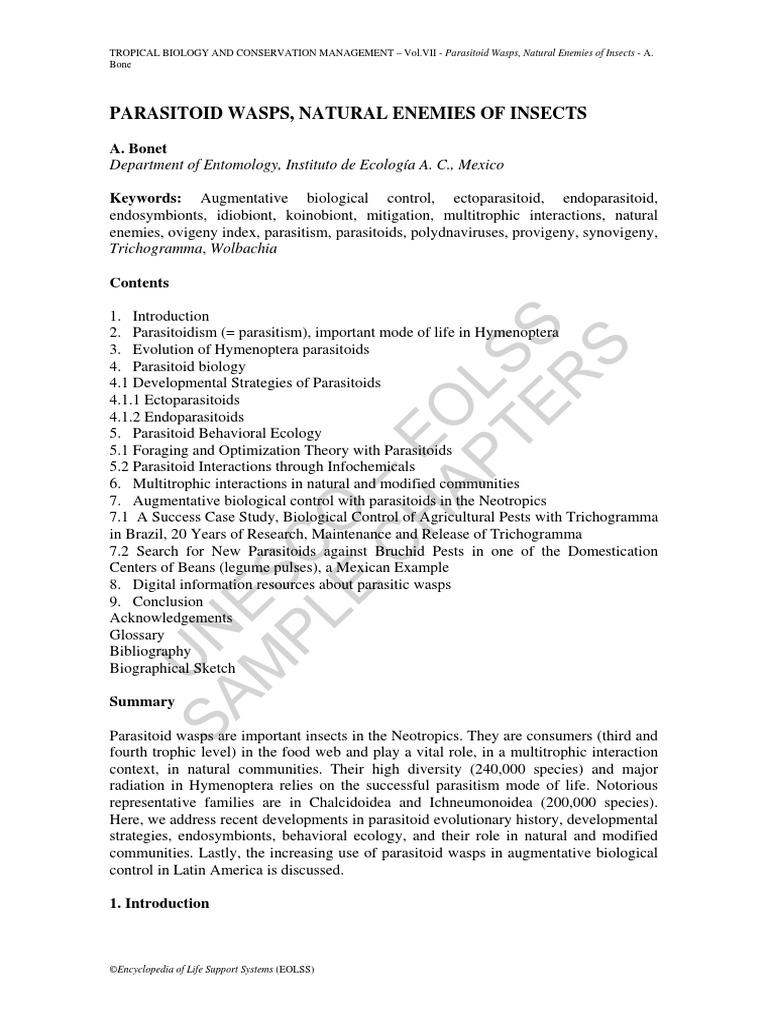 Unesco - Eolss Sample Chapters: Parasitoid Wasps, Natural Enemies of Insects | PDF | Wasp ...