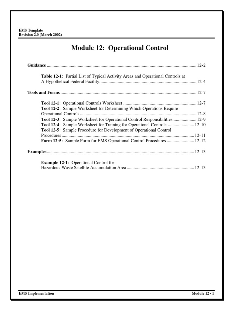 Module 12: Operational Control: EMS Template Revision 2.0 (March 2002 ...