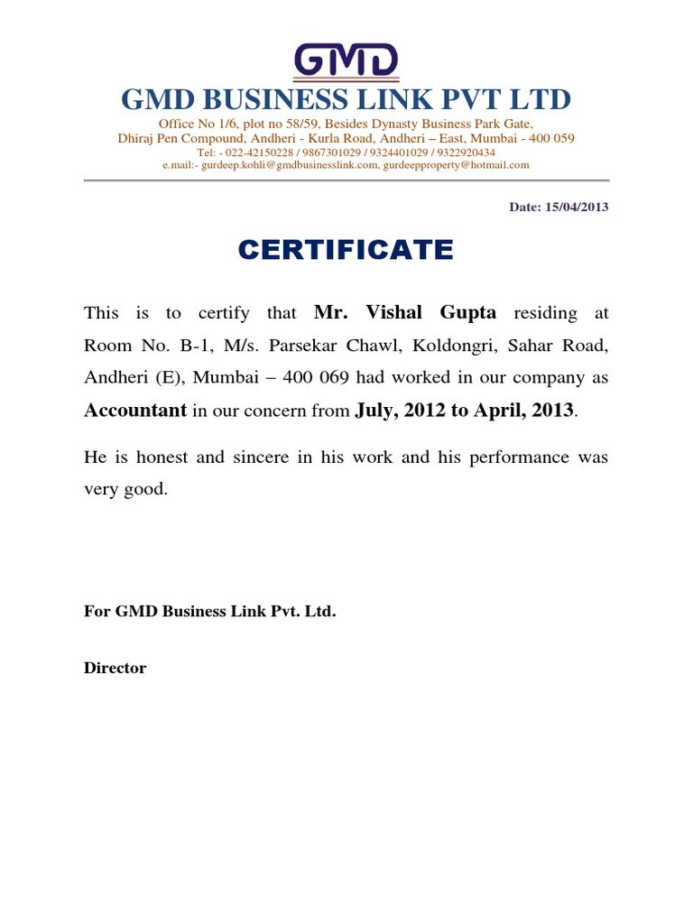 Experience Certificate | Business