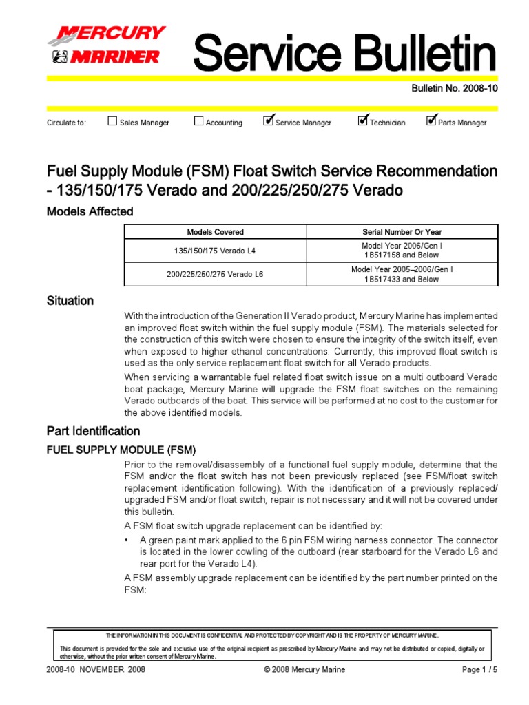 Fuel Supply Module FSM Float Switch Service Recommendation Bulletin No ...