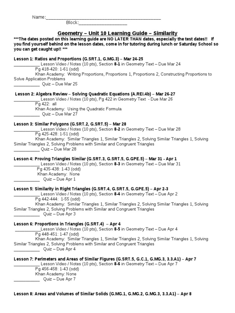 Unit 10 Simiularity Learning Guide | PDF