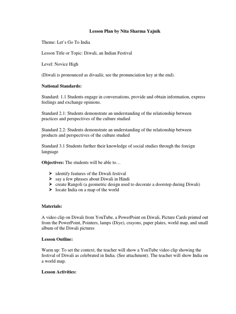 Lesson Plan On Diwali | PDF | Lesson Plan | Languages