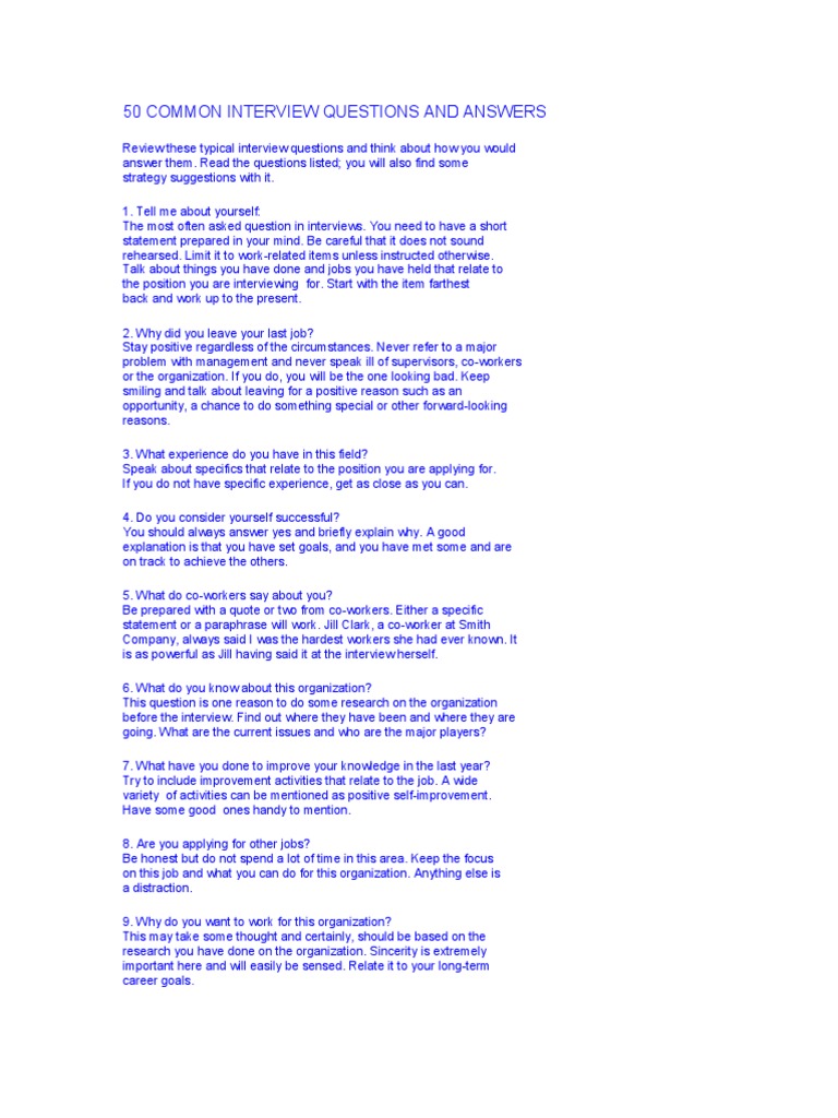 50 Interview Qs & Ans | PDF | Language Arts & Discipline