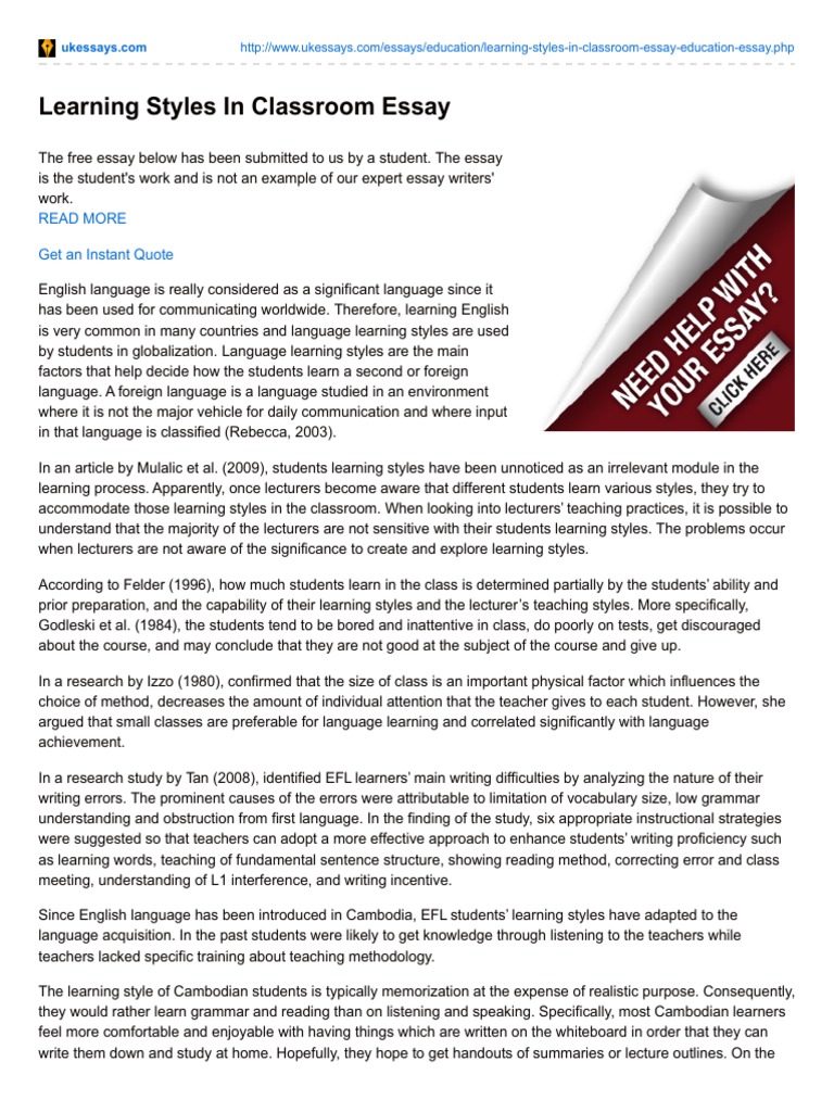 Learning Styles in Classroom Essay | PDF | English As A Second Or ...
